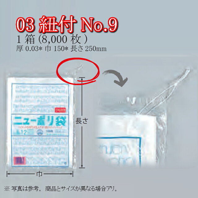 商品名 ニューポリ規格袋0.03紐付 No.9 商品コード 0441325 サイズ 厚0.03mm×巾150mm×長さ250mm ケース入数 8,000枚 袋入数／化粧箱入数 100枚／1,000枚 重量(g) 2.10 形状／色／素材 平...
