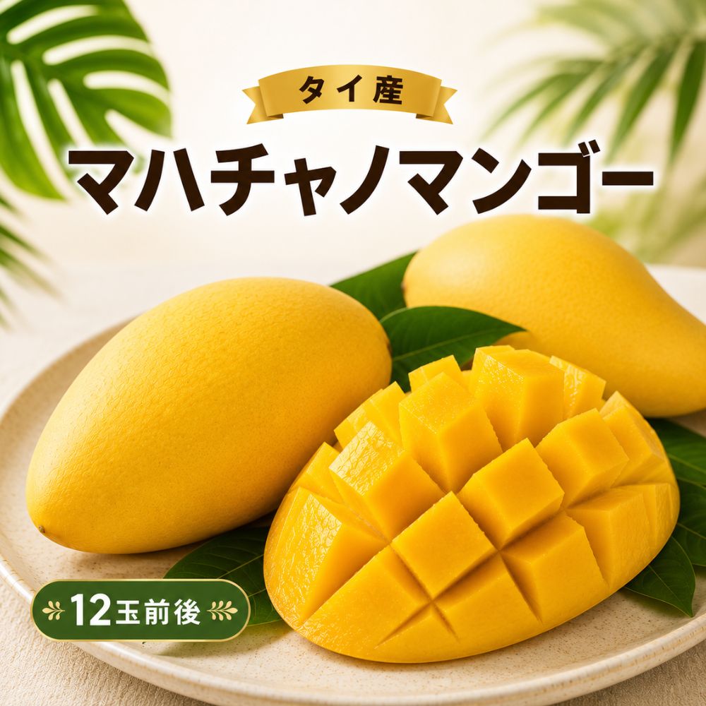 タイ産 マハチャノマンゴー 12玉前後入り 南国タイで育った「マハチャノマンゴー」を、 たっぷり楽しめる12玉前後入りでお届けします。 ご家庭でのデザートはもちろん、 カフェ・飲食店・スイーツ作りなど、 業務用にも使いやすい内容量です。 ■...