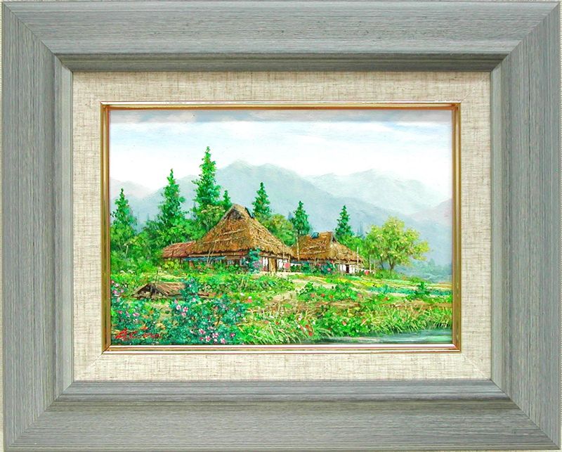 【画　題】新緑の信州風景 ※肉筆作品※【解　説】日本の懐かしい情景が蘇る、信州の風景を描いた一枚です。 【寸　法】絵寸： 縦15.8cm×横22.7cm　　額寸： 縦28.5cm×横35.0cm 【作　家】広瀬明（ひろせ・あきら） 【特　記...