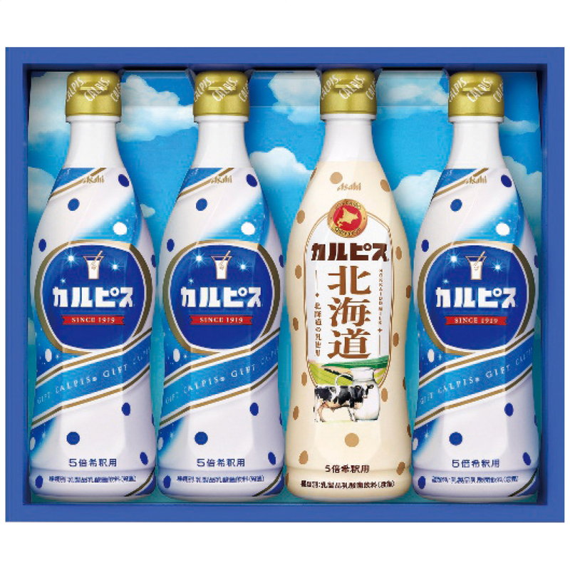 ■商品説明 生乳と乳酸菌がつくりだしたさわやかな味わい。 「カルピス」と北海道産生乳のみを使用した贅沢な味わいの「カルピス北海道」をアソートしたギフトセットです。 ■商品詳細 製造生産地：日本製 内容：カルピス3本・カルピス北海道1本・各4...
