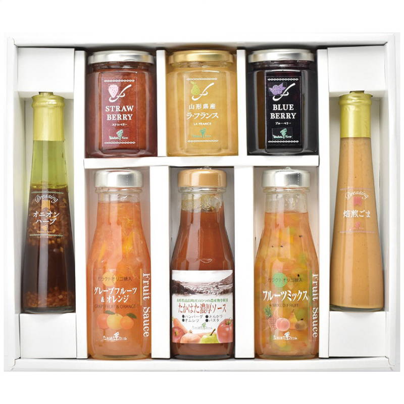 ■商品説明 素材の持ち味を大切に仕上げたジャムとドレッシングとソースの詰合せです。 ■商品詳細 製造生産地：日本製 賞味期間：製造日より常温約300日 アレルゲン：卵・小麦/オレンジ・キウイフルーツ・ごま・大豆・もも・りんご 重さ：3100g