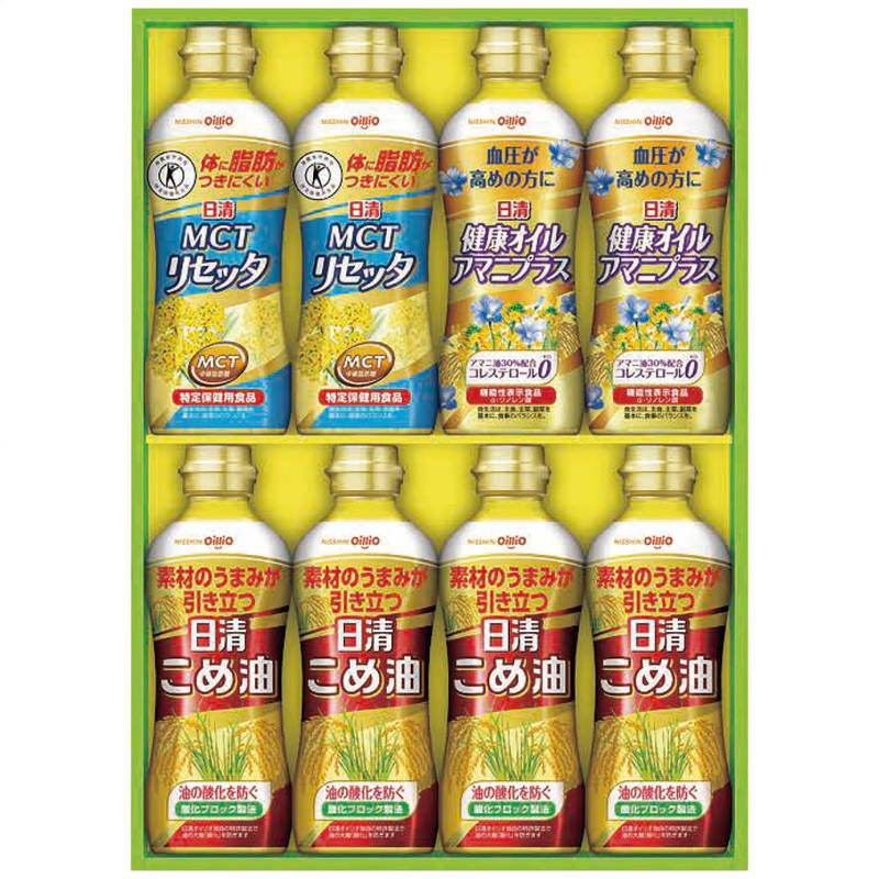 ■商品説明 特定保健用食品「MCTリセッタ」と「こめ油」と「健康オイルアマニプラス」をセットした健康を気遣う方のためのオイルセット。 ■商品詳細 製造生産地：日本製 賞味期間：製造日より常温約750日 アレルゲン： 重さ：3400g
