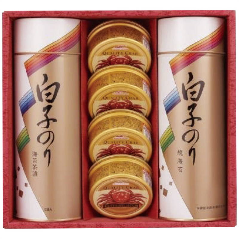 ■商品説明 食卓を豪華に彩る、海苔とのり茶漬け、かに缶の詰合せギフトです。 ■商品詳細 製造生産地：日本製 賞味期間：製造日より常温約1080日 アレルゲン：乳成分・小麦・かに/大豆 重さ：850g