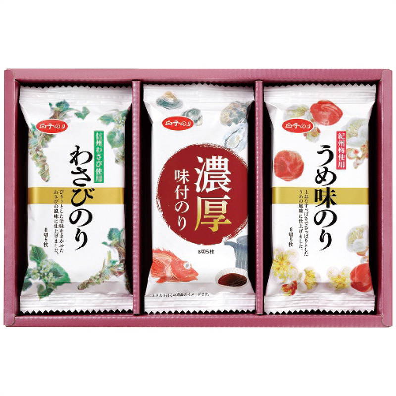 ■商品説明 3種のフレーバーで、味わいを豊かにする味のり詰合せギフトです。 ■商品詳細 製造生産地：日本製 賞味期間：製造日より常温約540日 アレルゲン：小麦・えび/大豆 重さ：180g