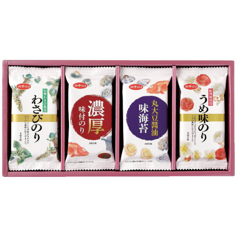 ■商品説明 4種のフレーバーで、味わいを豊かにする味のり詰合せギフトです。 ■商品詳細 製造生産地：日本製 賞味期間：製造日より常温約540日 アレルゲン：小麦・えび/大豆 重さ：245g