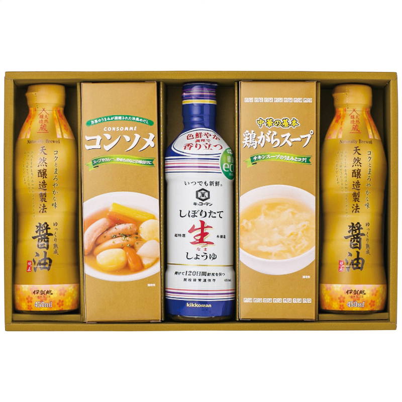 ■商品説明 キッコーマンのしぼりたて生しょうゆやコンソメ、鶏がらスープ等毎日の食卓に欠かせない調味料の詰合せ。 ■商品詳細 生産地：日本製 箱サイズ：36.2×23.8×7.2cm 重さ：2100g 内容：キッコーマンいつでも新鮮しぼりたて...