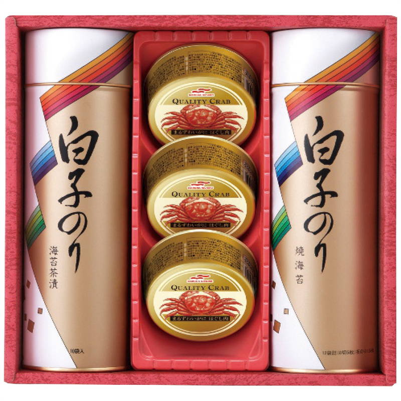 ■商品説明 食卓を豪華に彩る、海苔とのり茶漬け、かに缶の詰合せギフトです。 ■商品詳細 生産地：日本製 箱サイズ：25.5×23.5×8cm 重さ：800g 内容：のり茶漬け(10袋)・焼のり(8切5枚12袋)各1缶・まるずわいがにほぐし肉...