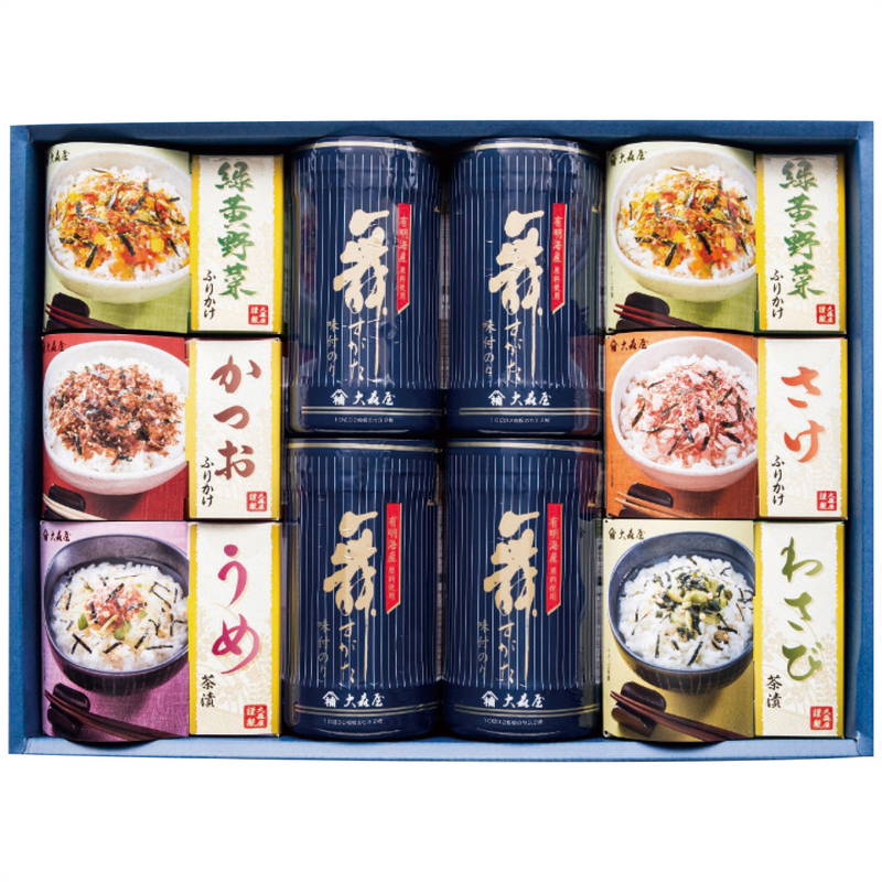 ■商品説明 風味と口溶けの良い味付のりと、手軽にお使いいただけるお茶漬・ふりかけの個袋を詰合せました。 ■商品詳細 生産地：日本製 箱サイズ：40.2×29.7×8.1cm 重さ：1210g 内容：味付のり(10切32枚)4個・ふりかけ(緑...
