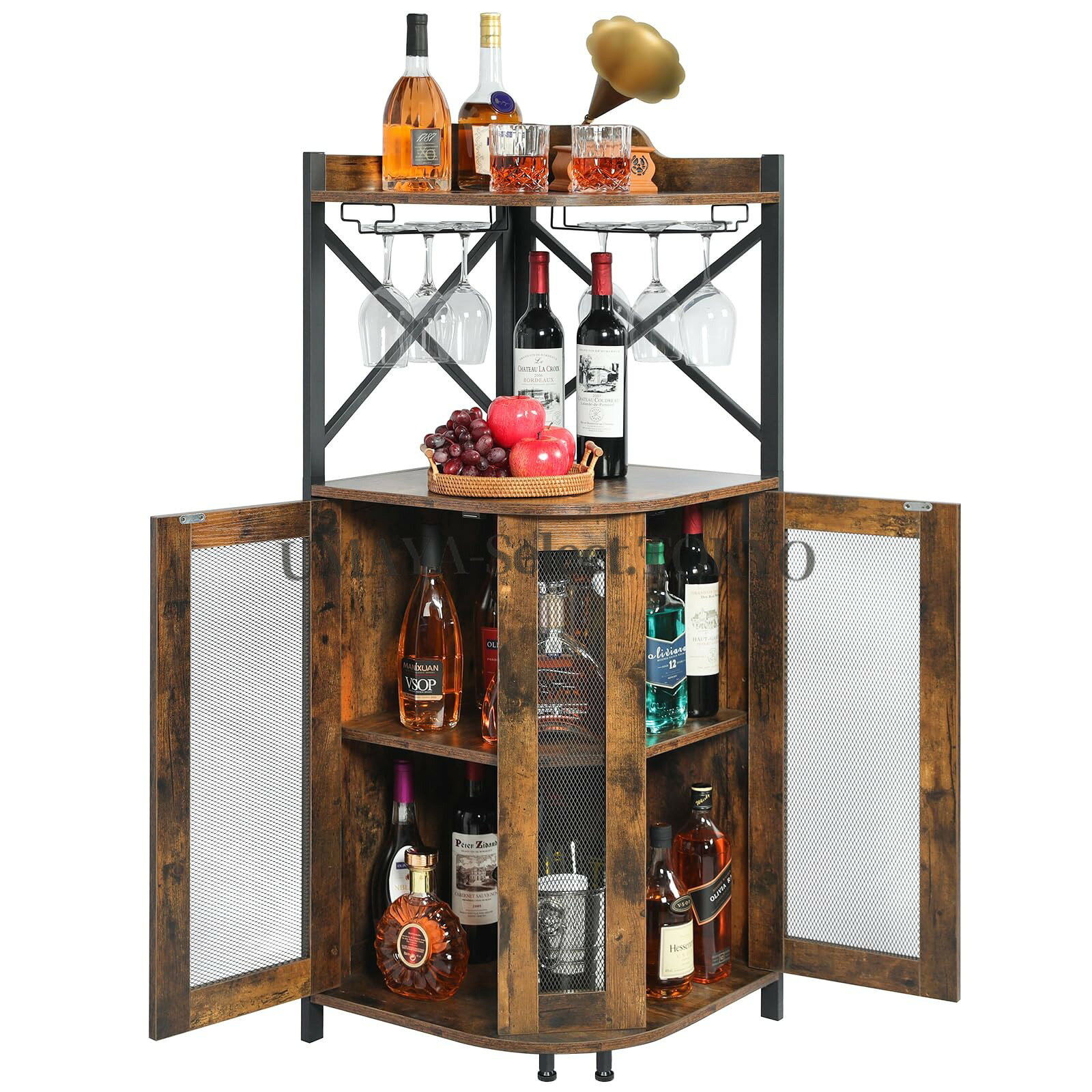 【商品名】酒やワイン ガラスホルダー付きコーナーバーキャビネット、メッシュドア付き工業用ワインキャビネット、オープンシェルフ付き4段ワインキャビネット、酒やワインの保管用ファームハウスホームバー、素朴なブラウン【価格】37350円【商品名】...