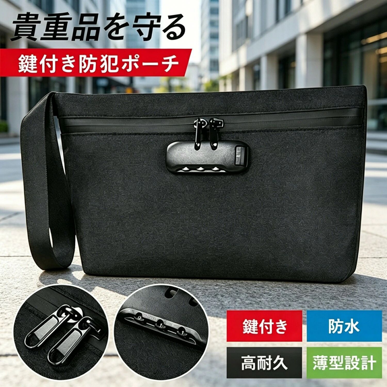 商品詳細商品名：トラベル防犯ポーチ / 鍵付き貴重品ポーチカラー：ブラックサイズ：約30 × 20cm素材：耐久生地 / 防水加工 / 鍵付きジッパー用途：旅行 / ビジネス / 災害時 / 緊急時 / 防犯収納商品説明あなたのDAYを、S...