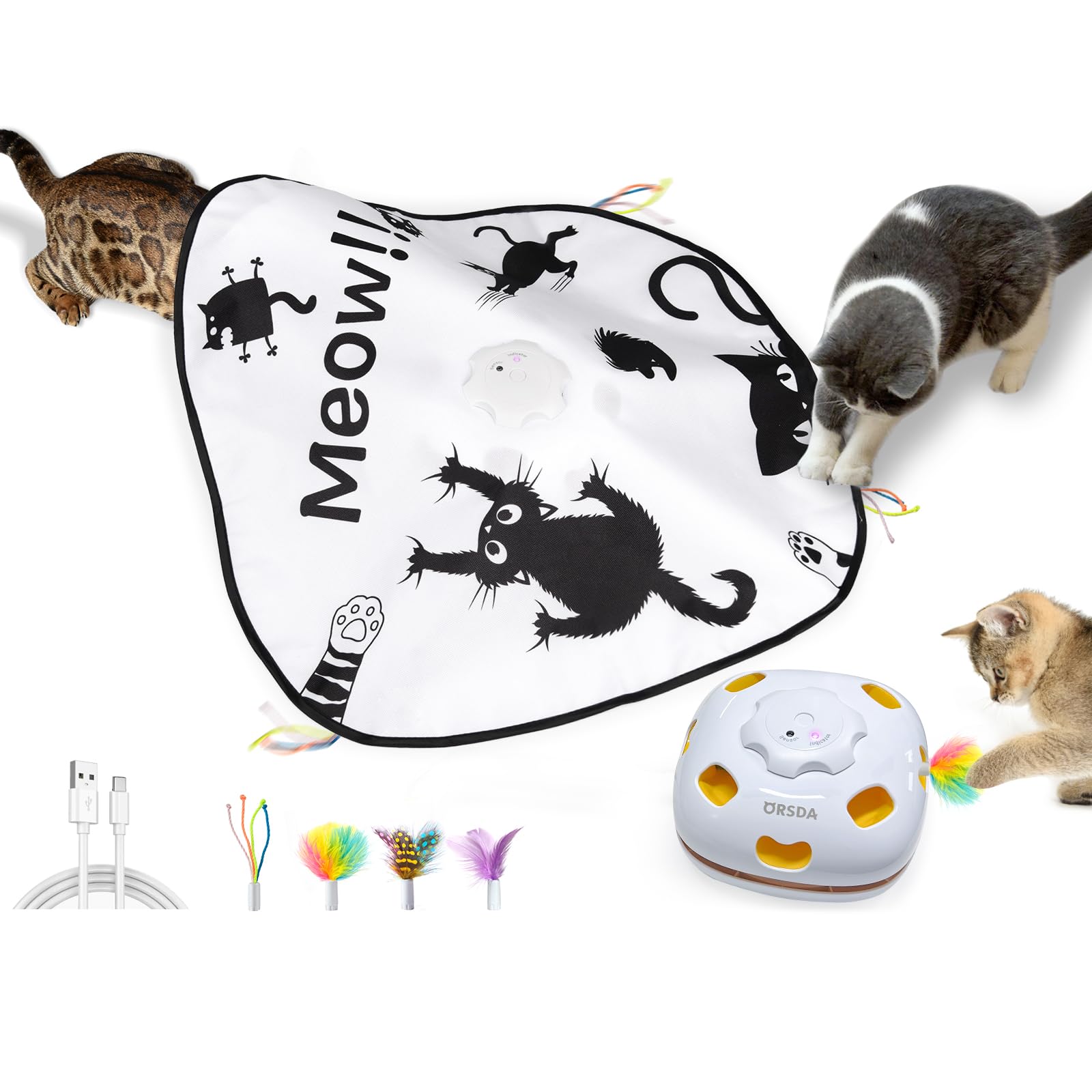 【4-in-1 インタラクティブエンターテイメントゲーム】 インタラクティブ猫のおもちゃには、取り外し可能なプレイマットが付属しています。 猫がカバーで遊んで楽しんでいるとき、かくれんぼ機能を使用すると、おもちゃが予測できない動きをして猫の...