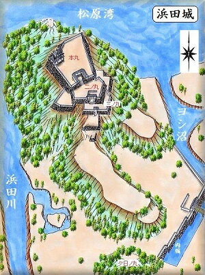 城ミニ[完成品] 　浜田城　(島根県)　続日本100名城　日本の城　お城のジオラマ模型　プラモデル　城郭模型 鍬匠甲冑屋★ ★★サイズ　コレクションケース244×244×261mm ★参考画像は「余湖くんのホームページ」よりの縄張り図ですが...