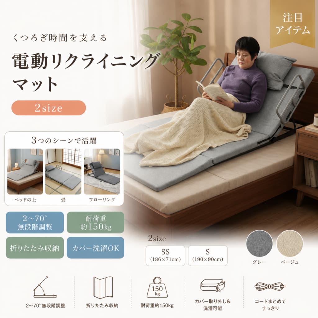 関連キーワード 電動マット 電動リクライニングマット 電動ベッド リクライニングベッド 折りたたみベッド シングル 電動マット 190cm 電動マット 90cm 電動マット 角度調整 電動マット 2度 70度 リクライニング 無段階調整 電...