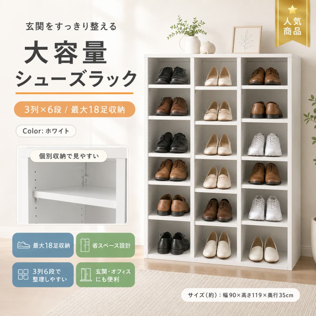 関連キーワード シューズラック スチール製 シューズラック 靴箱 下駄箱 靴入れ 3列6段 シューズラック 18足収納 シューズラック 可動棚 シューズラック 幅90cm シューズラック 奥行35cm シューズラック 高さ119cm シュー...