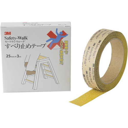 職場での転倒事故防止に。裏紙をはがして貼るだけで簡単に設置できるすべり止めテープです。アルミホイル基材なので、シマ鋼板や凹凸面の床、階段などに追従して設置できます。●カラー／黄●寸法／幅25mm×長さ3m●表面砥粒／鉱物粒子●タイプ／A：屋...