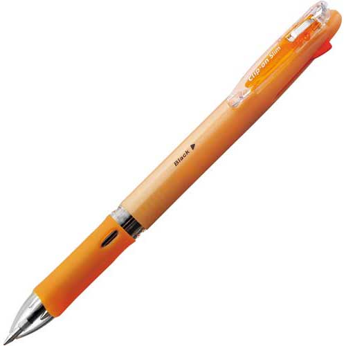 女性の手にピッタリフィットする、スリムな軸の4色ボールペン。●ボール径／0．7mm●インク色／黒、青、赤、緑●軸色／パステルオレンジ●インク種類／油性染料インク●仕様／ラバーグリップ●仕様／バインダークリップ●仕様／ノック式●替芯／SK−0...