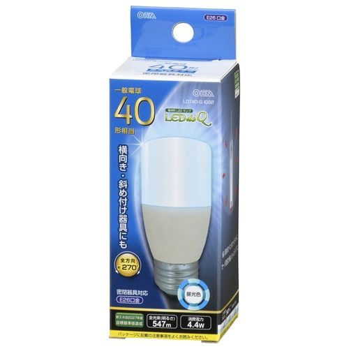 LED電球　T　E26　4W　昼光色●明るさ（全光束）／547ルーメン●口金／E26●光色／昼光色●寸法／88×38mm●質量／52g●定格寿命／40000h●定格消費電力／4．4w●演色性／Ra84●仕様／T型●密閉器具対応／対応●屋外器...