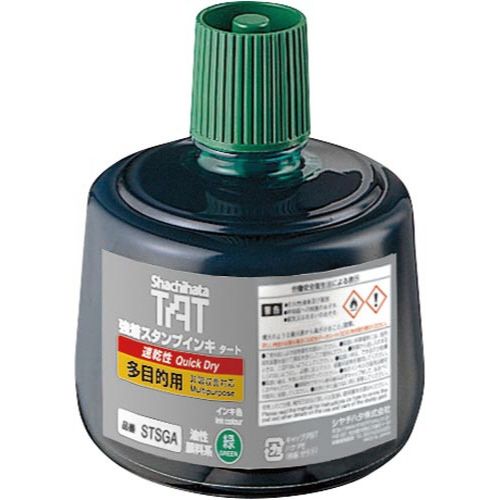 強着スタンプ台タート＜速乾性多目的用＞の専用補充インキ。金属、プラスチック、木材、皮革にも捺せる。●容量／330ml●インク色／緑●単位／本●メーカー品番／STSGA−3−G※金属、プラスチック、木材、皮革にも捺せる超微細粒子が非吸収面にも...