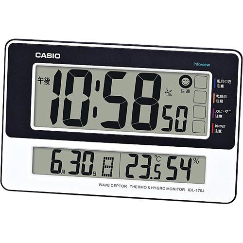 温度／湿度・日付曜日表示付きの掛置兼用タイプの電波時計●外寸法／幅230×奥行き27×高さ149mm●保証期間／1年●材質／フレーム：プラスチック●材質／風防：プラスチック●質量／395g●機能／温度計測・湿度計測、生活環境お知らせアイコン...