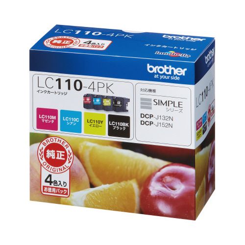 ●対応機種／DCP−J132N／J137N／J152N●カラー／4色パック●型番／LC110−4PK●仕様／ブラザー純正インクカートリッジ●インク／ブラック：顔料、カラー：染料●単位／1パック（4色入）●メーカー品番／LC110−4PK※メ...