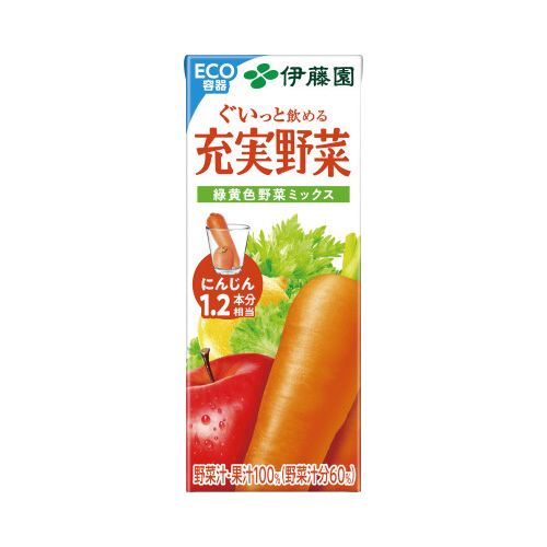 「野菜から摂りたい栄養素」で摂取意向が高い「β—カロテン」がたっぷり摂れる。人参を主体に20種の野菜と、りんご主体に5種の果実を使用。砂糖・食塩・保存料無添加。●容量／200ml●種別／緑黄色野菜ミックス●賞味期限／商品の発送時点で、賞味期...