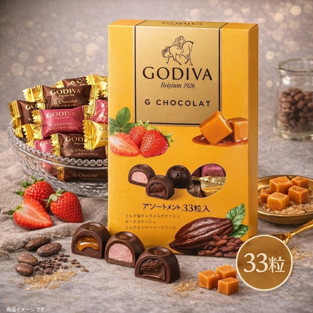 【送料】込み 【配送】ポスト投函 【商品説明】 ゴディバの人気シリーズ「Gショコラ」を詰め合わせた、化粧箱付きの33粒入りアソートです。 3種類のフレーバーを各11粒ずつ詰め合わせており、バランスよくお楽しみいただけます。 上質なチョコレー...
