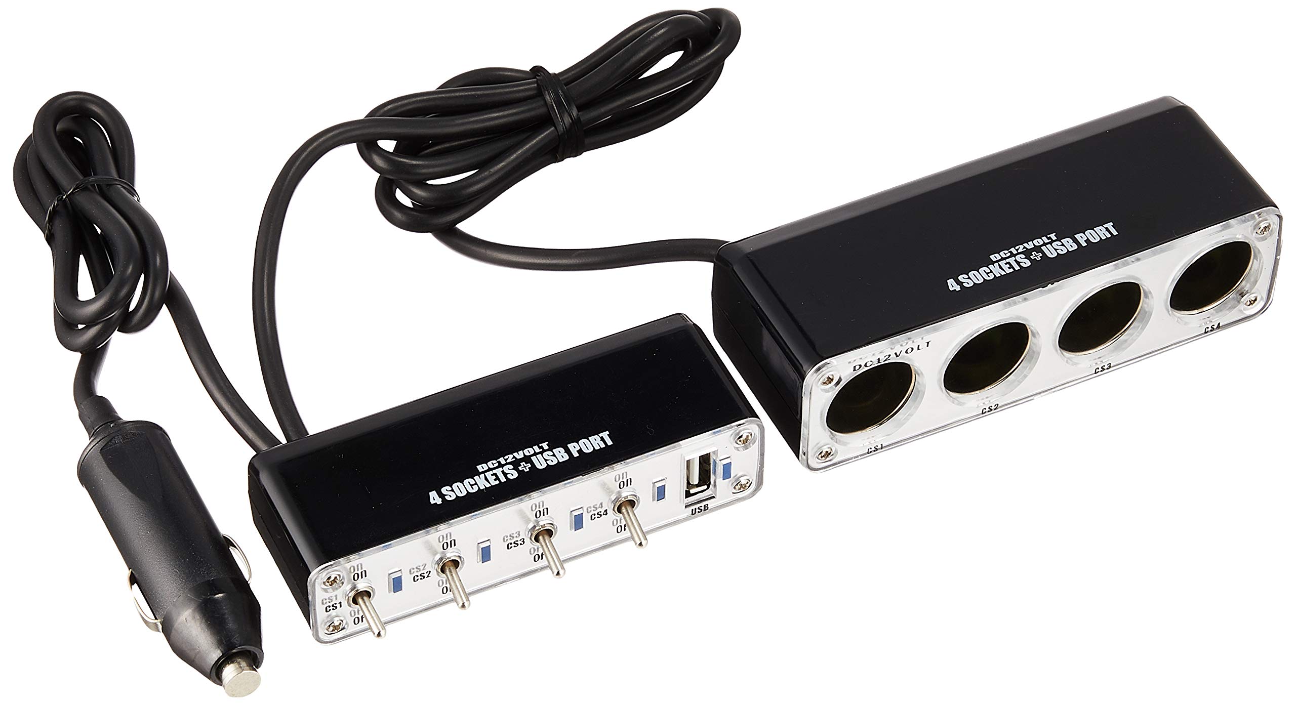 ・対応電圧:DC12V ・消費電流:合計8A ・USB出力:5V/2.1A ・ソケット数:4連+USB ・コード長さ:プラグ側70cm、ソケット側1m ・素材:PVC