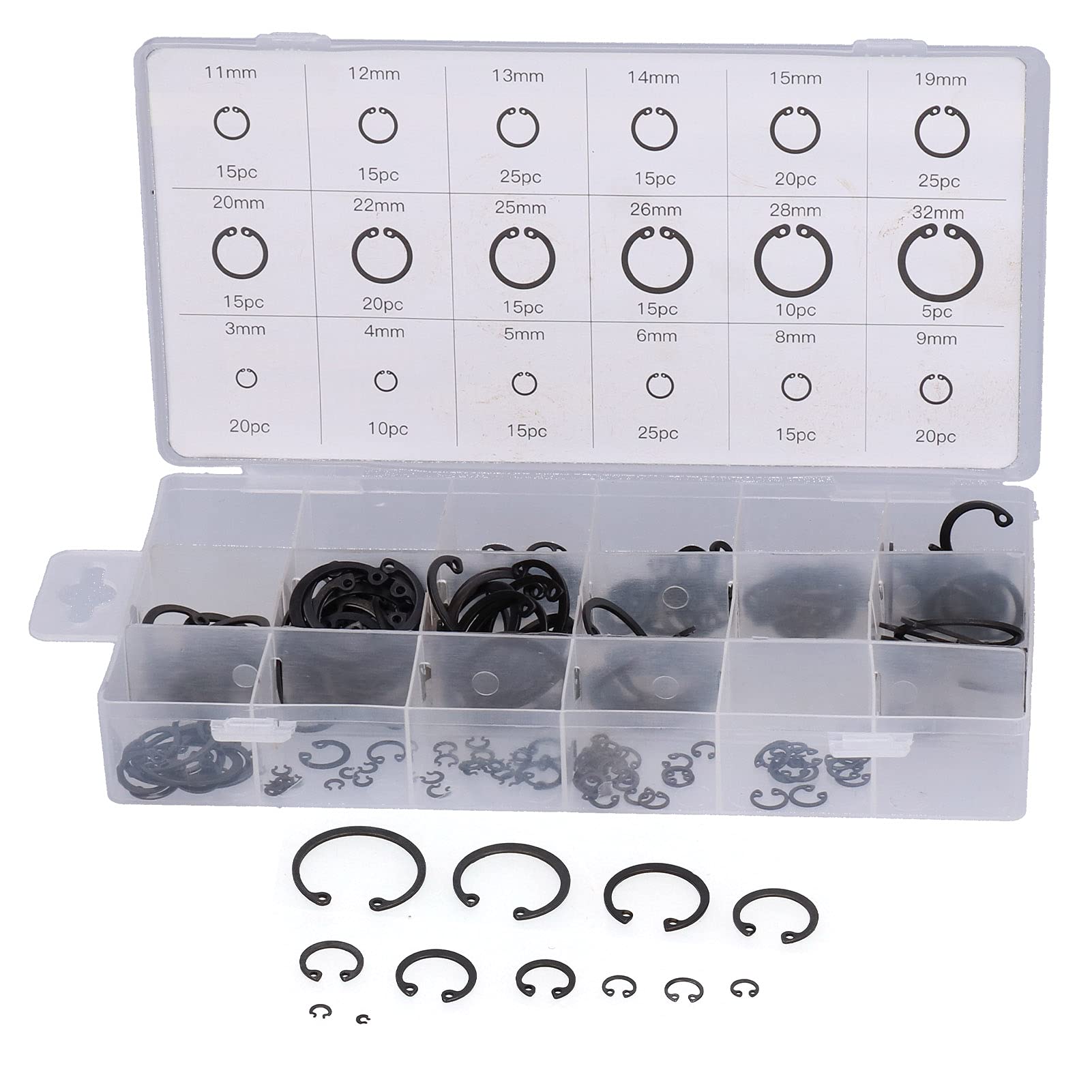 ・材質:合金鋼 ・サイズ:11mm、12mm、13mm、14mm、15mm、19mm、32mm、28mm、26mm、25mm、22mm、20mm、3mm、4mm、5mm、6mm、8mm、9mm ・数量:300個 ・セット内容:スナップリング...