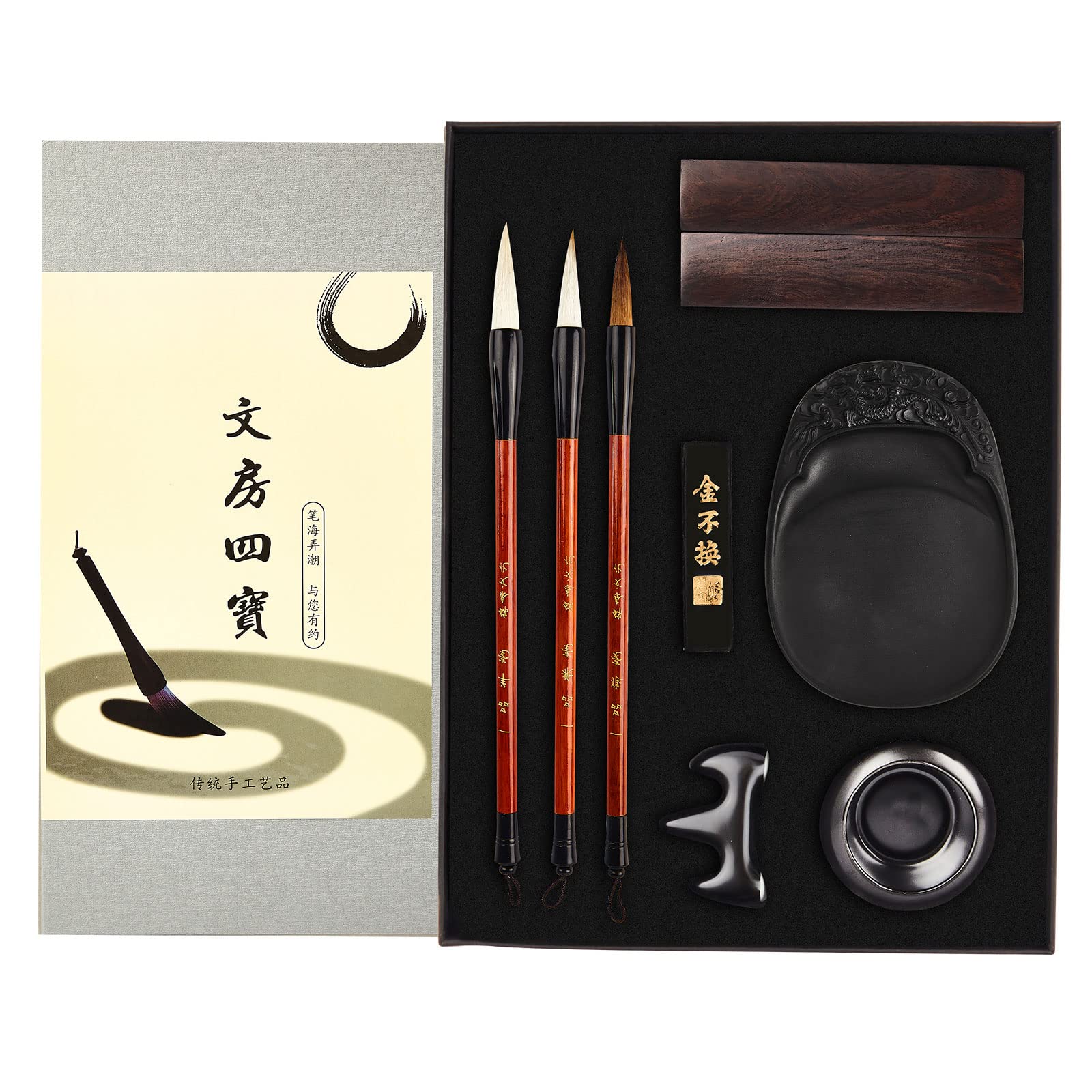・セット内容:硯、太筆、中筆、細筆、墨、筆置き、水差し、文鎮×2本 ・サイズ:38x28x5cm ・原産国:中国