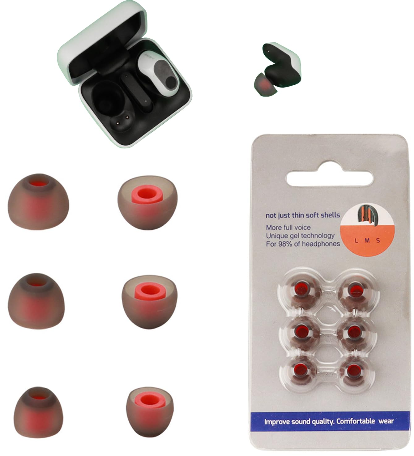 ・対応機種:INZONE Buds WF-G700N ・サイズ:S/M/Lサイズ 各1ペア(計3ペア) ・素材:シリコン ・カラー:赤みがかった灰色 ・機能:滑り止め、耳垢ガード、脱落防止