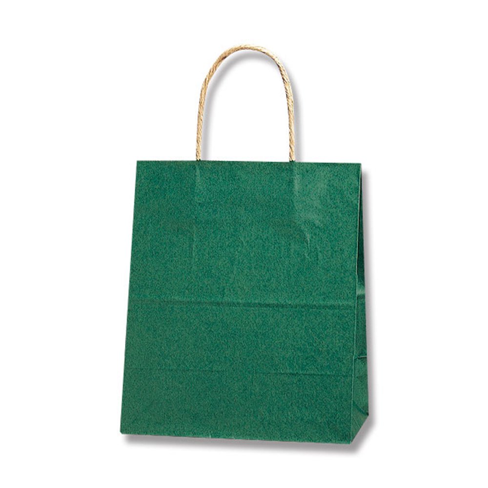 ・サイズ:巾21×マチ12×高25cm ・内容量:50枚入 ・色:外側・グリーン、内側・クラフト ・商品仕様:上部切りっぱなし ・手紐:丸紐(紙製)