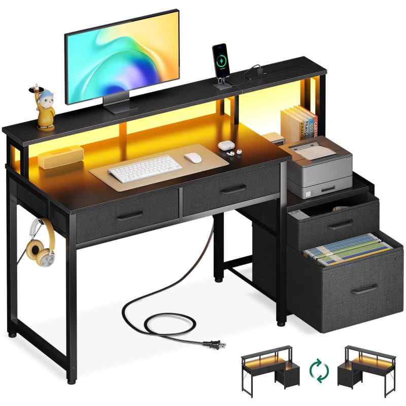 AODK パソコンデスク ゲーミングデスク 引き出し&amp;コンセント付き 幅120/140cm 机 pcデスク 勉強机 gaming desk LED＆モニター台付き オフィス/在宅ワーク/ゲーム用 左右入れ替え対応