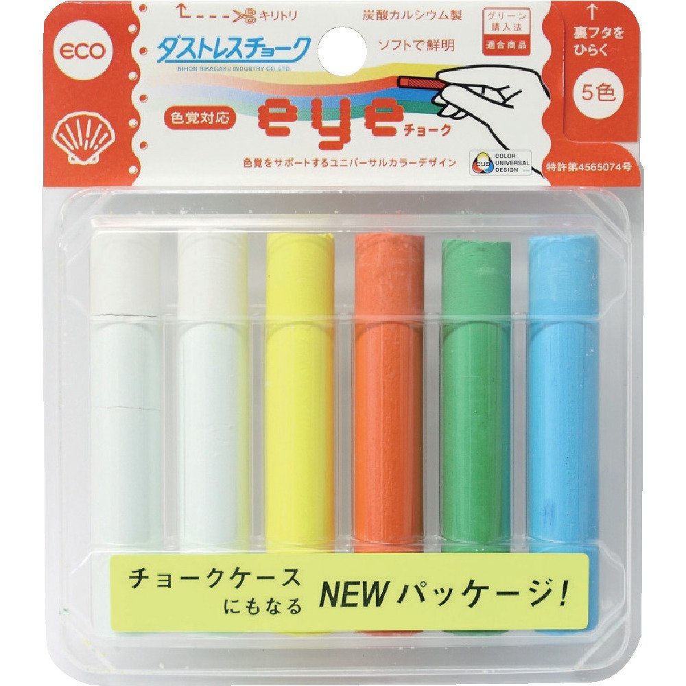・原産国:日本 ・サイズ:太さ11.2mm×長さ63mm ・素材:炭酸カルシウム、ホタテ貝殻粉末、顔料 ・入数:6本入(ホワイト2本、イエロー・レッド・グリーン・ブルー各1本) ・認定:ユニバーサルカラー認定品