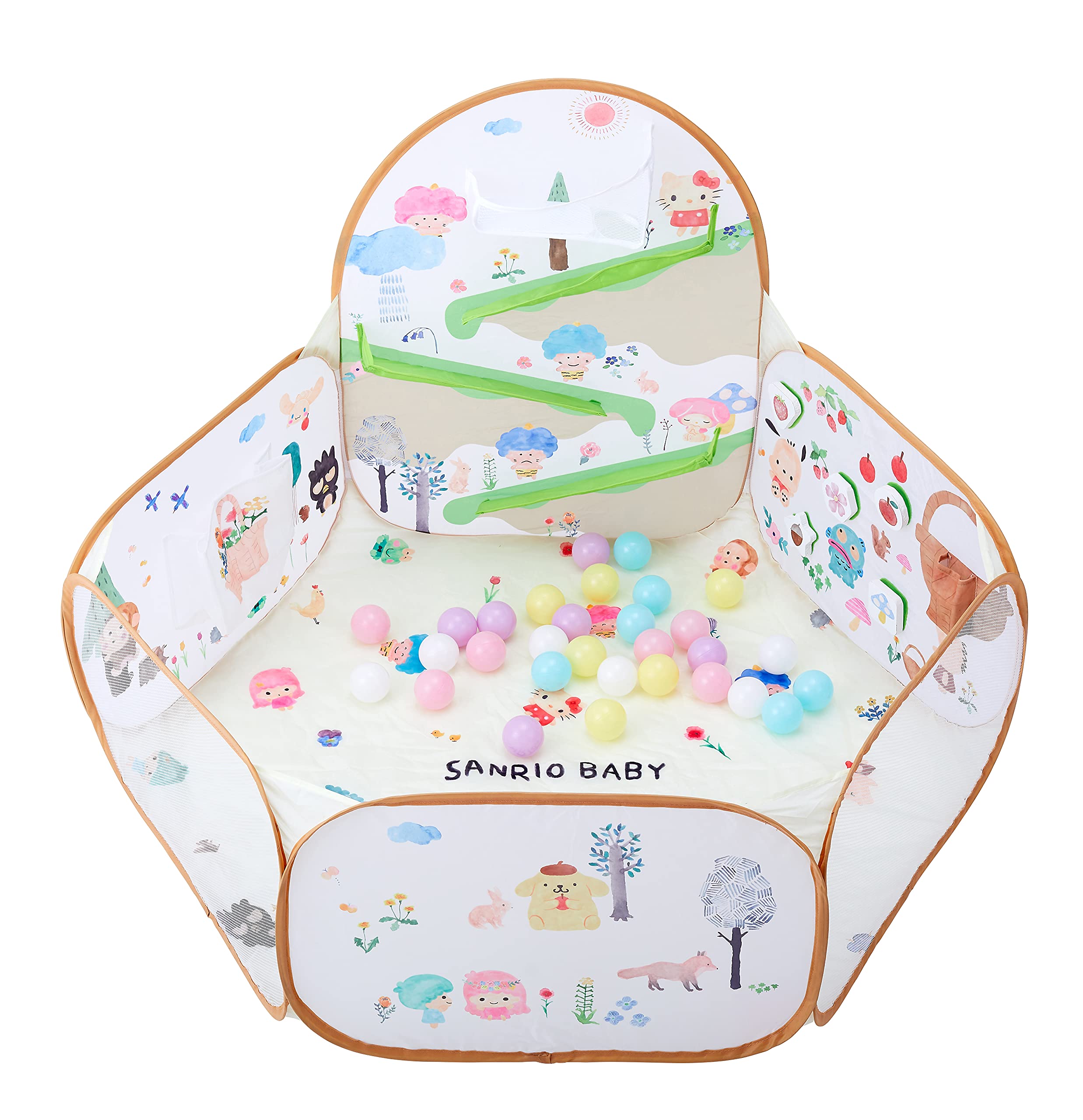 ・対象年齢:1歳3歳 ・原産国:中国 ・付属品:パステルカラーのボール30個、収納バッグ ・商品サイズ:幅約120cm×奥行約97cm×高さ76cm(40cm) ・遊び機能:ころころボールスロープ、ポケット遊び、お買い物遊び、形合わせ ・収...
