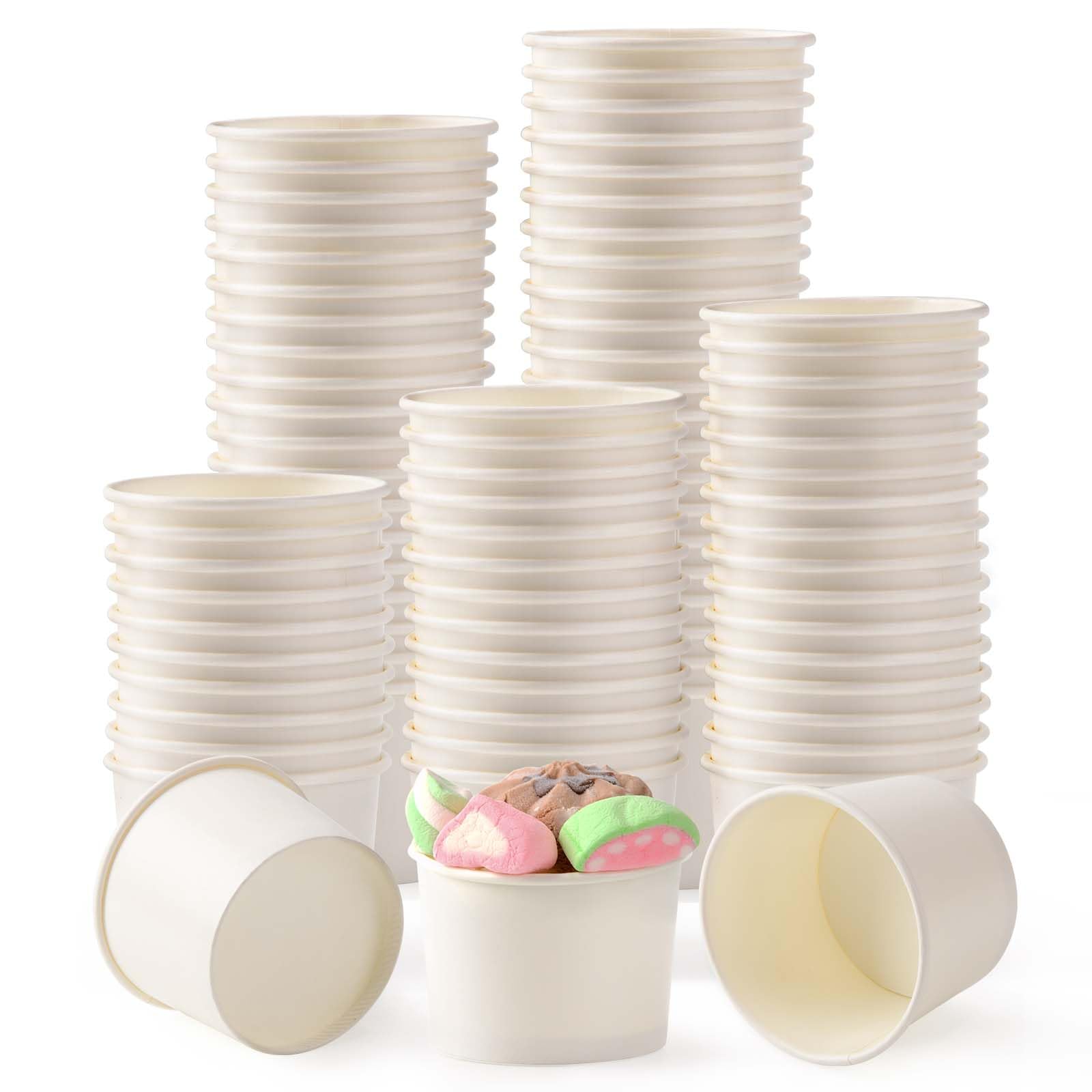 ・サイズ:口径75×底径62×高53mm ・容量:4オンス (110ml) ・入数:200個 ・素材:食品用パルプ ・加工:内面PEラミネート加工 ・耐性:電子レンジ・オーブン使用不可