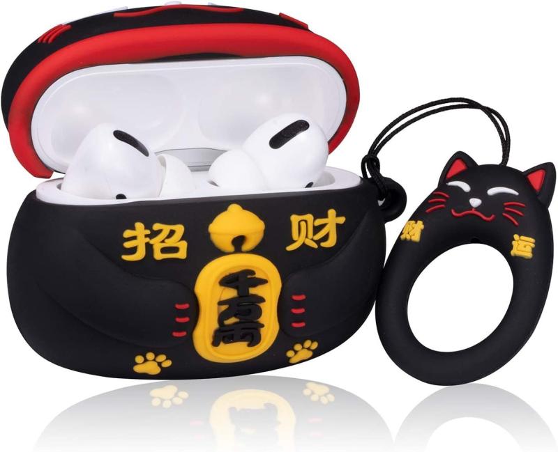 OwnestX AirPods Pro/Pro 2用ケース 招き猫 可愛い チェーン シリコン おしゃれ全面保護 衝撃吸収 耐衝撃 カラビナ付き