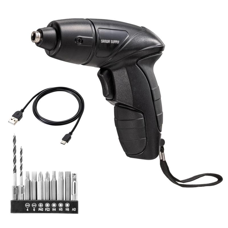 サンワダイレクト 電動ドライバー 小型 コードレス 充電式 Type-C LED付き 電動ドライバーセット 800-TK050_056800-TKO050_056