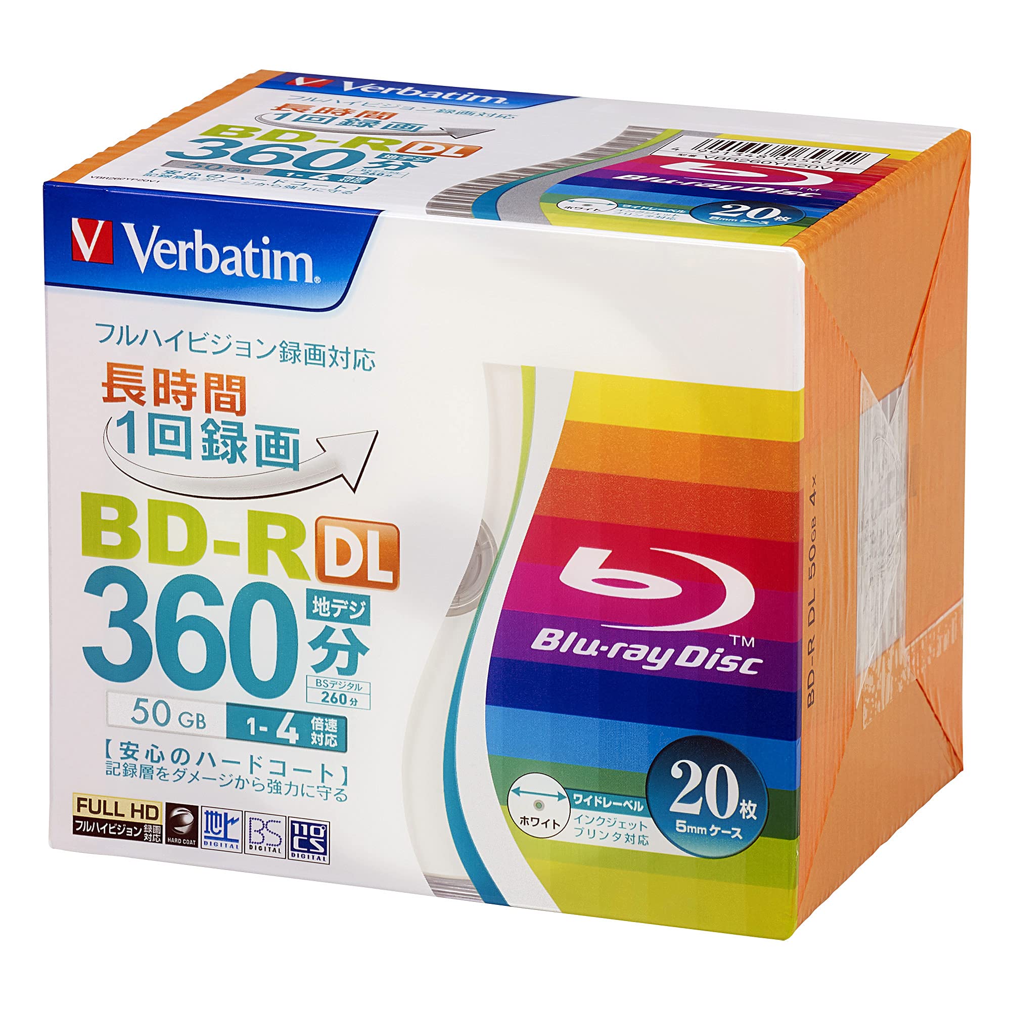 ・品種:録画用 BD-R DL(50GB) ・録画時間:地デジ 360分 / BSデジタル 260分 ・盤面印刷:ホワイト、印刷範囲 22mm-118mm(ワイド) ・倍速:1-4倍速 ・ケース:5mmスリムケース ・入り数:20枚 ・構造...