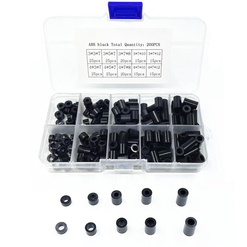 QuickYen ABS ナイロンスペーサー 200個セット ナイロンラウンドスペーサー丸型中空 M3 M4ネジ用 絶縁 難燃 耐久性 スムース 機器メンテナンス 電子基板固定 収納ケース付き 黒【仕様】商品名: フラットワッシャー； 材質...