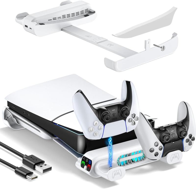 【PS5 Pro/新型 PS5 Slim対応】PS5 横置きスタンド 3段階風速調整冷却 PS5 Silm コントローラー 充電スタンド 放熱改善 転倒防止 地震対策 傷付き防止 プレステ5 プロ/PS5 Slim両対応 PS5 スリム 周...