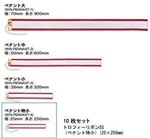 トロフィーリボンSS(ペナント特小)(25×250mm)10枚入トロフィーリボン（ペナント特小）(25×250mm)10枚入です。材質：レーヨン100％トロフィーリボン（ペナント）のみの販売です。優勝者の名前を書いてトロフィー、優勝カップに...