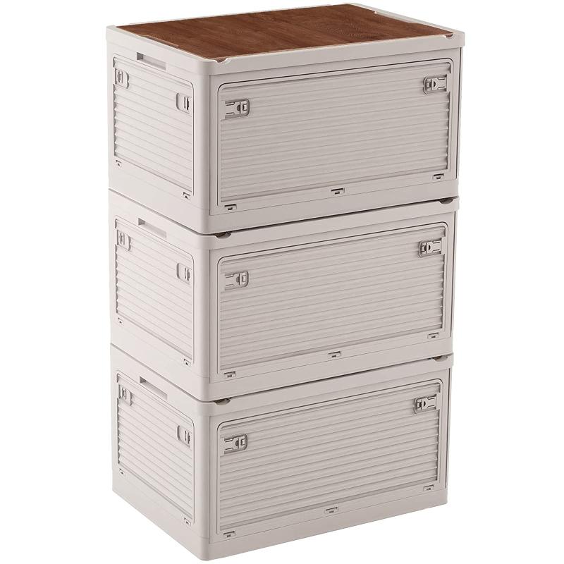 X XUNTAO【収納ボックス 折り畳み】収納ケース 木製の蓋付き 全方向から取り出せる 積み重ね キャスター付き アウトドア 折りたたみ コンテナ ボックス 大型 キャンプ コンテナボックス 組立