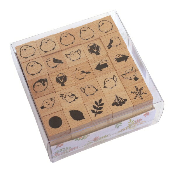 押すたびに仕上がりが変わるウッドスタンプは使う人の気持ちが伝わる温かさがあります。インクの色やかすれ具合などお気に入りの絵柄で楽しめます。1個のサイズ15×15mmが25個入り。素材:木材、ゴム生産国:中国サイズ：縦=83mm　横=83mm...