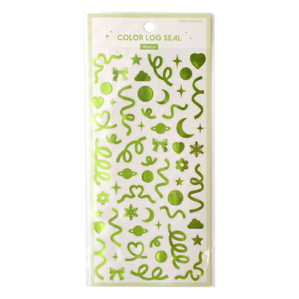 カラー箔押しの平らで使いやすいクリアタイプのシールですキラキラのリボンやハート・月や星など色々なシェイプの箔押しで手帳などのデコに使えます。※詳細画像に別カラーの商品を使用しておりますサイズ：縦=200mm　横=90mm　商品色傾向：黄緑 ...