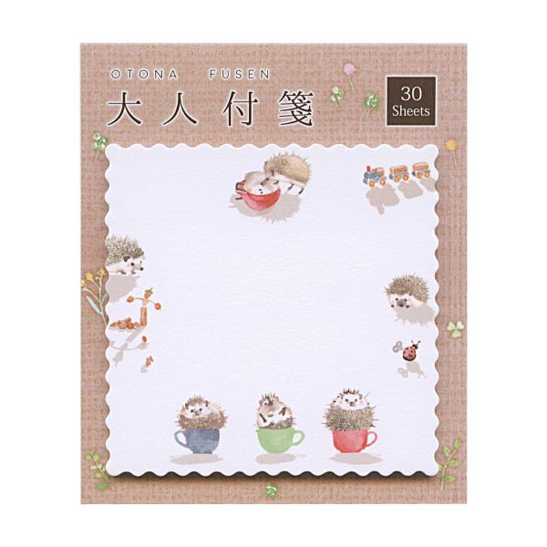 ゆるいハリネズミの絵柄のかわいらしいダイカットふせんです。大人が使えるデザインをコンセプトに、少し上品なコンセプトで作られています。30枚綴サイズ：縦=95mm　横=80mm　商品色傾向：白 用紙色：白イラスト表紙パターン：ハリネズミ商品番...