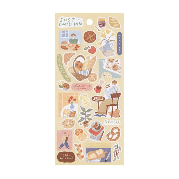 少しくずしたタッチのイラストが印象的なシールです。チルタイム、ゆっくりリラックスした時間をテーマにしました。色合いをあえて揃えすぎ図、ところどころにアクセントとして差し色を配置することで華やかな雰囲気に仕上がったオシャレ度抜群のシールに仕上...