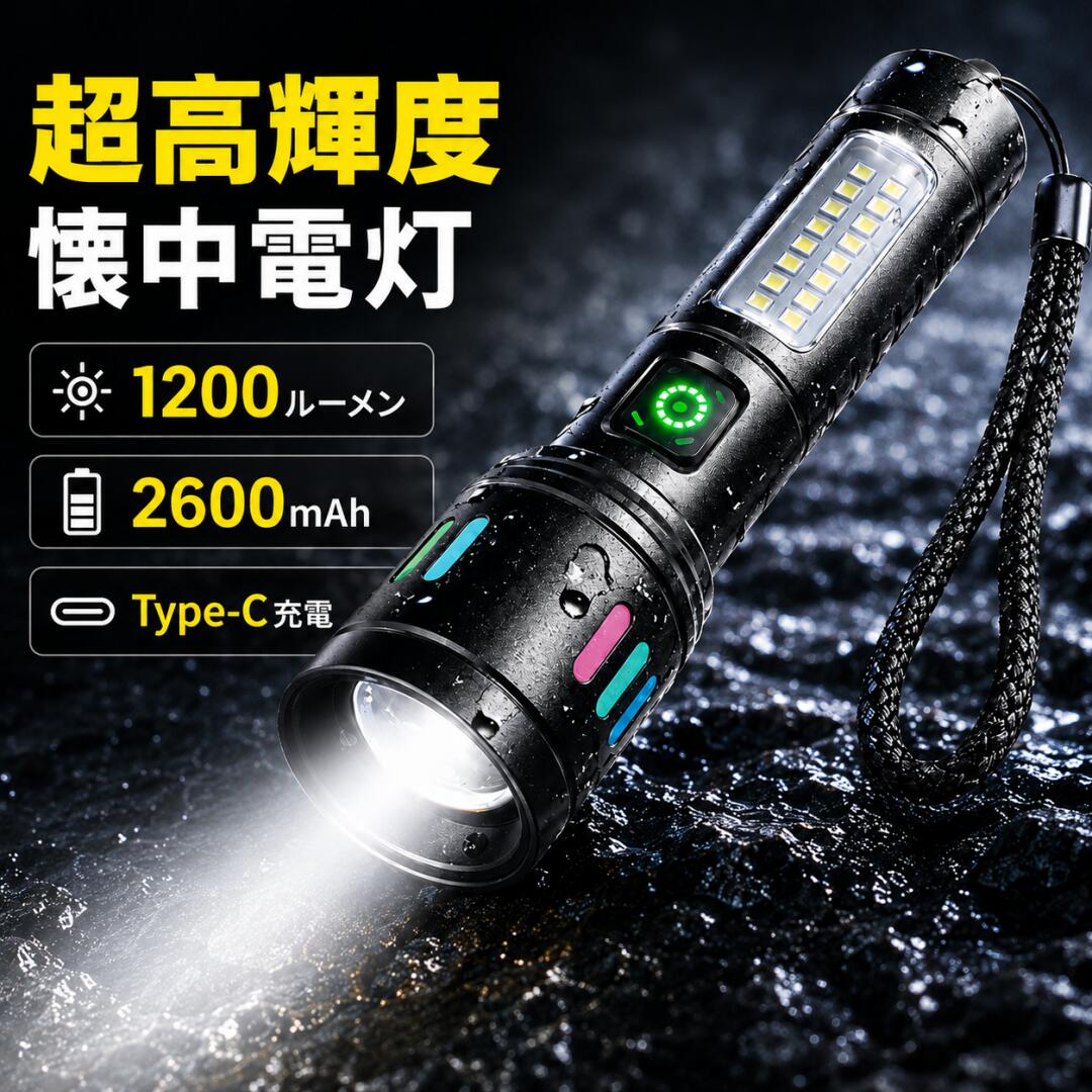 2025年最新強化版 LED懐中電灯｜2600mAh大容量・Type-C充電・6モード・500m照射 停電・防災・キャンプ・登山・夜釣り・作業用に最適／軍用級アルミ合金・生活防水・耐衝撃 🌟 商品特徴 高輝度：最大800ルー...