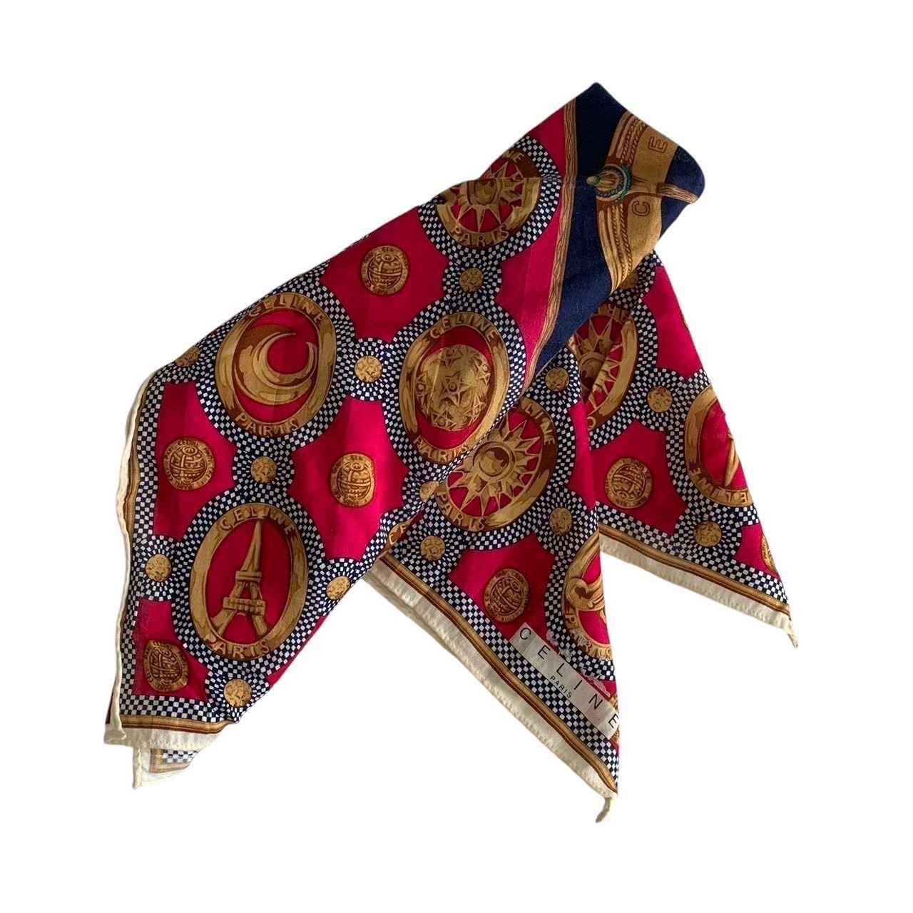 CELINE セリーヌ ハイブランド 小物 ファッション アパレル ハンカチ スカーフ レッド 赤 ピンク ネイビー 紺 ゴールド 金 正方形 レディース ■商品情報■ ●タイトル　CELINE セリーヌ ハイブランド 小物 ファッション ...