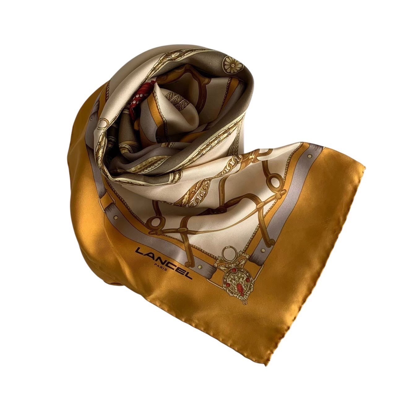 LANCEL ランセル スカーフ ブランド 小物 ファッション アパレル 大判 イエロー 黄色 ゴールド 金 グレー 灰 絹100% シルク 馬 ジュエリー 柄 レディース ■商品情報■ ●タイトル　LANCEL ランセル スカーフ ブラン...
