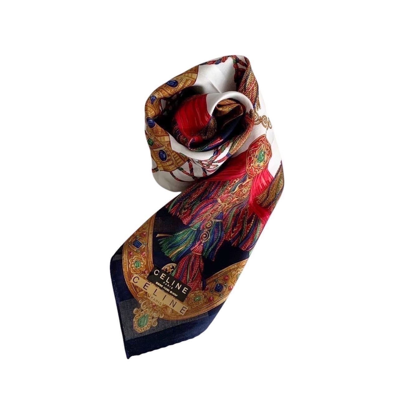 CELINE セリーヌ スカーフ ハイブランド 小物 ファッション ハンカチ ネイビー レッド 紺 赤 タッセル ジュエリー ゴージャス 美品 レディース ■商品情報■ ●タイトル　 CELINE セリーヌ スカーフ ハイブランド 小物 フ...